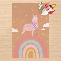 Bilderwelten Kork-Teppich Illustration bunt Tiere Korkmatte - Lama auf Regenbogen mit Sternen und P&uuml;nktchen - Regenbogen Kinderzimmer Baby M&auml;dchen Jungen