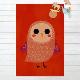 Kork-Teppich - Kleine Eule bei Roter Nacht - Illustration rot Tiere Aquarell Eule Kinderzimmer Baby M&auml;dchen Jungen