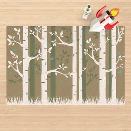 Bilderwelten Kork-Teppich Unifarben t&uuml;rkis Korkmatte - Gr&uuml;ner Birkenwald mit Schmetterlingen und V&ouml;gel - Deko Kinderzimmer Baby M&auml;dchen Jungen