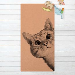 Kork-Teppich - Illustration Katze Zeichnung Schwarz Wei&szlig; - modern schwarz weiss Tiere Aquarell Katze Wohnzimmer Schlafzimmer