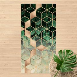 Kork-Teppich - Gr&uuml;ne Bl&auml;tter goldene Geometrie - Abstrakt gr&uuml;n originell Aquarell Geometrisch Wohnzimmer Schlafzimmer