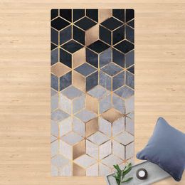 Kork-Teppich - Blau Wei&szlig; goldene Geometrie - Abstrakt gold originell Aquarell Geometrisch Wohnzimmer Schlafzimmer