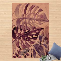 Bilderwelten Kork-Teppich Tropisch violett Aquarell - Aquarell Tropische Bl&auml;tter mit Monstera in Aubergine - Pflanzen Wohnzimmer Schlafzimmer