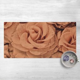 Kork-Teppich - Rosen Sepia mit Wassertropfen - Landhaus beige Blumen Korkmatte Rose Wohnzimmer Schlafzimmer