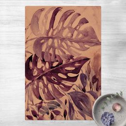 Kork-Teppich - Aquarell Tropische Bl&auml;tter mit Monstera in Aubergine - Tropisch violett Aquarell Pflanzen Wohnzimmer Schlafzimmer