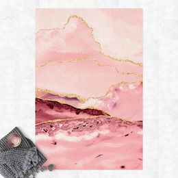 Bilderwelten Kork-Teppich Abstrakt rosa Steinoptik - Abstrakte Berge Rosa mit Goldenen Linien - Beton Wohnzimmer Schlafzimmer