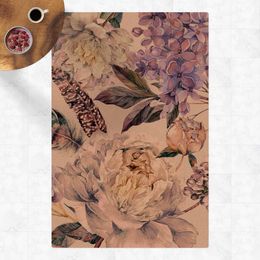 Bilderwelten Kork-Teppich Illustration pastell Blumen Aquarell - Zartes Aquarell Boho Bl&uuml;ten und Federn Muster - Rose Wohnzimmer Schlafzimmer
