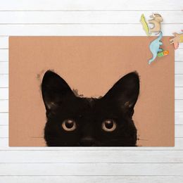 Bilderwelten Kork-Teppich modern schwarz Tiere Aquarell - Illustration Schwarze Katze auf Wei&szlig; Malerei - Katze Wohnzimmer Schlafzimmer