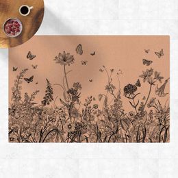 Bilderwelten Kork-Teppich Landhaus schwarz weiss Blumen Korkmatte - Gro&szlig;e Blumen mit Schmetterlingen in Schwarz - Schmetterlinge Wohnzimmer Schlafzimmer