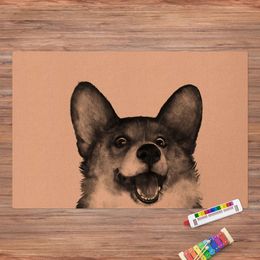 Bilderwelten Kork-Teppich modern schwarz weiss Tiere Aquarell - Illustration Hund Corgi Wei&szlig; Schwarz Malerei - Hund Wohnzimmer Schlafzimmer
