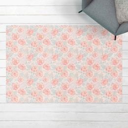 Kork-Teppich - Rosa Blumen mit Hellblauen Bl&auml;ttern - Illustration pastell Aquarell Rose Wohnzimmer Schlafzimmer