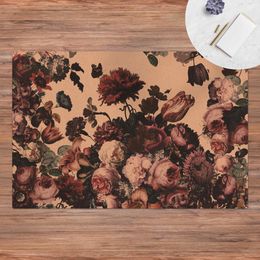 Bilderwelten Kork-Teppich Illustration rosa Blumen Korkmatte - Altmeisterlicher Blumenrausch mit Rosen Bouquet - Rose Wohnzimmer Schlafzimmer