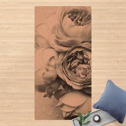 Kork-Teppich - Pfingstrosenbl&uuml;ten Schwarz Wei&szlig; - Motiv schwarz weiss Blumen Korkmatte Rose Wohnzimmer Schlafzimmer