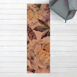 Bilderwelten Kork-Teppich Illustration pastell Blumen Aquarell - Zartes Aquarell Boho Bl&uuml;ten und Federn Muster - Rose Wohnzimmer Schlafzimmer