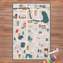 Bilderwelten Kork-Teppich Illustration bunt Korkmatte - Kleinstadt - Von der Stadt in die Natur - Auto Kinderzimmer Baby M&auml;dchen Jungen