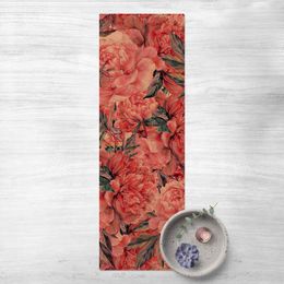Kork-Teppich - Zartes Aquarell Rote Pfingstrosen Muster - Illustration rot Blumen Aquarell Rose Wohnzimmer Schlafzimmer
