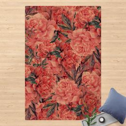 Bilderwelten Kork-Teppich Illustration rot Blumen Aquarell - Zartes Aquarell Rote Pfingstrosen Muster - Rose Wohnzimmer Schlafzimmer