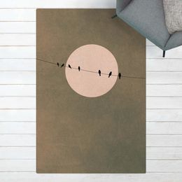 Bilderwelten Kork-Teppich modern petrol Natur Aquarell - V&ouml;gel vor rosa Sonne I - Sonnenuntergang Wohnzimmer Schlafzimmer