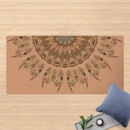 Kork-Teppich - Mandala Aquarell Federn halbkreis blau gr&uuml;n - modern blau Spirituell Aquarell Feder Wohnzimmer Schlafzimmer
