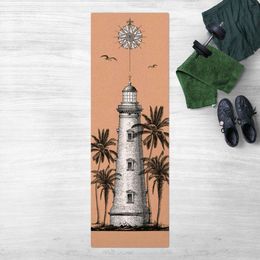 Kork-Teppich - Nautik Leuchtturm mit Kompassrose - Illustration schwarz Strand Korkmatte Palme Wohnzimmer Schlafzimmer