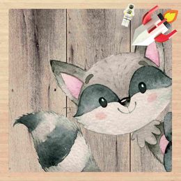 Kork-Teppich - Aquarell Waschb&auml;r auf Holz - Illustration grau Aquarell Deko Kinderzimmer Baby M&auml;dchen Jungen