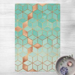 Kork-Teppich - T&uuml;rkis Wei&szlig; goldene Geometrie - Abstrakt t&uuml;rkis originell Aquarell Geometrisch Wohnzimmer Schlafzimmer