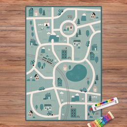 Bilderwelten Kork-Teppich Illustration blau Korkmatte - Dorf - Klein aber fein - Auto Kinderzimmer Baby M&auml;dchen Jungen