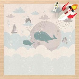 Kork-Teppich - Wolken mit Wal und Schloss - Illustration weiss Tiere Korkmatte Fische Kinderzimmer Baby M&auml;dchen Jungen