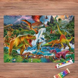 Bilderwelten Kork-Teppich Illustration bunt Korkmatte - Dinosaurier im Urzeitgewitter - Dinosaurier Kinderzimmer Baby M&auml;dchen Jungen