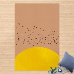 Bilderwelten Kork-Teppich modern gelb Natur Korkmatte - Vogelschwarm vor gelber Sonne - Sonnenuntergang Wohnzimmer Schlafzimmer