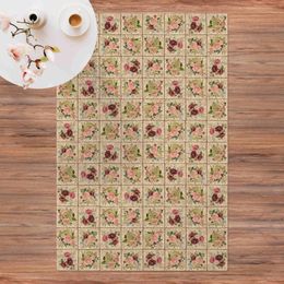 Bilderwelten Kork-Teppich Illustration beige Fliesenoptik - Vintage Rosen und Hortensien - Deko Wohnzimmer Schlafzimmer