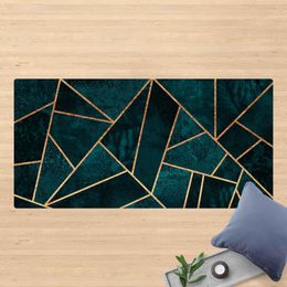 Kork-Teppich - Dunkles T&uuml;rkis mit Gold - Abstrakt t&uuml;rkis originell Aquarell Geometrisch Wohnzimmer Schlafzimmer