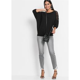 bonprix Damen Oversize-Shirtschwarz, Gr. 32, Obermaterial: 95% Viskose, 5% Elasthan. Spitze: 100% Polyester, Shirts, Oversize Passform, 3/4-&Auml;rmel,