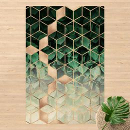 Kork-Teppich - Gr&uuml;ne Bl&auml;tter goldene Geometrie - Abstrakt gr&uuml;n originell Aquarell Geometrisch Wohnzimmer Schlafzimmer