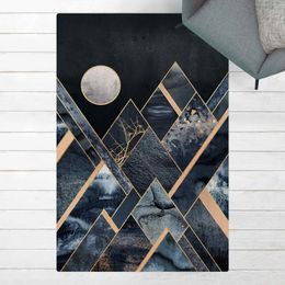 Kork-Teppich - Goldener Mond abstrakte schwarze Berge - Abstrakt blau originell Aquarell Deko Wohnzimmer Schlafzimmer