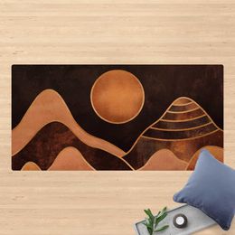 Kork-Teppich - Goldene Sonne abstrakte Berge - Abstrakt gold originell Aquarell Deko Wohnzimmer Schlafzimmer