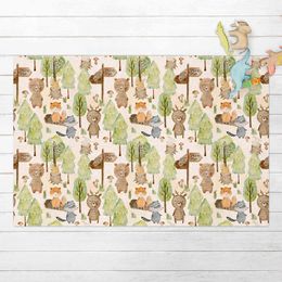 Bilderwelten Kork-Teppich Illustration gr&uuml;n Aquarell - Fuchs und B&auml;r mit B&auml;umen - Deko Kinderzimmer Baby M&auml;dchen Jungen