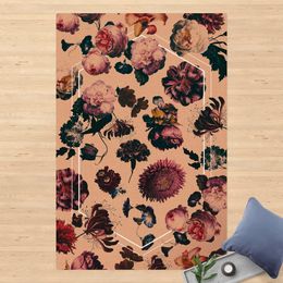 Kork-Teppich - Barockbl&uuml;ten mit wei&szlig;er Geometrie - Illustration rosa Blumen Aquarell Deko Wohnzimmer Schlafzimmer