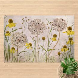 Kork-Teppich - Allium und Helenium Illustration - Landhaus beige Blumen Korkmatte Blumenwiese Wohnzimmer Schlafzimmer
