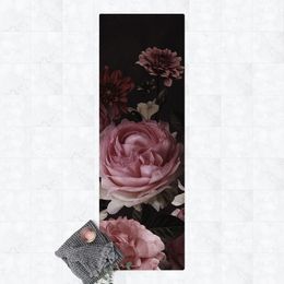 Kork-Teppich - Rosa Blumen auf Schwarz Vintage - Motiv rosa Korkmatte Rose Wohnzimmer Schlafzimmer