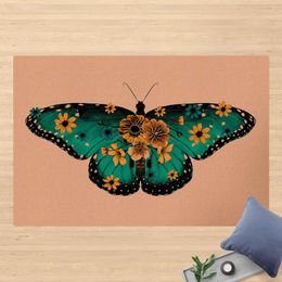 Kork-Teppich - Illustration floraler Blauer Morpho - Illustration t&uuml;rkis Tiere Korkmatte Schmetterlinge Wohnzimmer Schlafzimmer