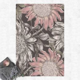 Kork-Teppich - Florale Eleganz Vintagebl&uuml;ten - Vintage grau Korkmatte Pflanzen Wohnzimmer Schlafzimmer