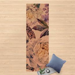 Kork-Teppich - Zartes Aquarell Boho Bl&uuml;ten und Federn Muster - Illustration pastell Blumen Aquarell Rose Wohnzimmer Schlafzimmer