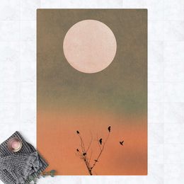 Bilderwelten Kork-Teppich modern petrol Natur Aquarell - V&ouml;gel vor rosa Sonne II - Sonnenuntergang Wohnzimmer Schlafzimmer