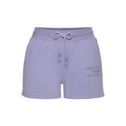 Buffalo Damen Sweatshorts, Gr. 36, lila, angeraute Sweatware, Obermaterial: 60% Baumwolle, 40% Polyester, unifarben, Hosen, mit Statement Druck,