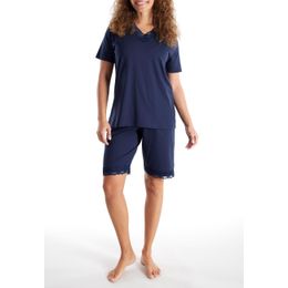 G&ouml;tzburg G&Ouml;TZBURG Damen Shorty, Gr. 42, blau, Single Jersey, Obermaterial: 60% Baumwolle, 40% Polyester, Homewear-Sets, mit Spitze, Kurzarm, V-Ausschnitt,