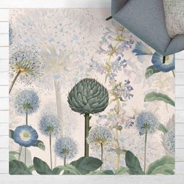 Bilderwelten Kork-Teppich Tropisch blau Blumen Aquarell - Blaue Alliumdolden im Wind - Blumenwiese Wohnzimmer Schlafzimmer