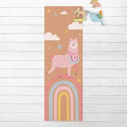 Kork-Teppich - Lama auf Regenbogen mit Sternen und P&uuml;nktchen - Illustration bunt Tiere Korkmatte Regenbogen Kinderzimmer Baby M&auml;dchen Jungen