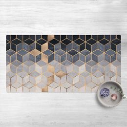 Kork-Teppich - Blau Wei&szlig; goldene Geometrie - Abstrakt gold originell Aquarell Geometrisch Wohnzimmer Schlafzimmer