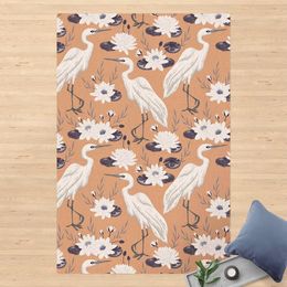 Kork-Teppich - Chinoiserie Silberreiher zwischen Seerosen - Illustration grau Tiere Korkmatte V&ouml;gel Wohnzimmer Schlafzimmer